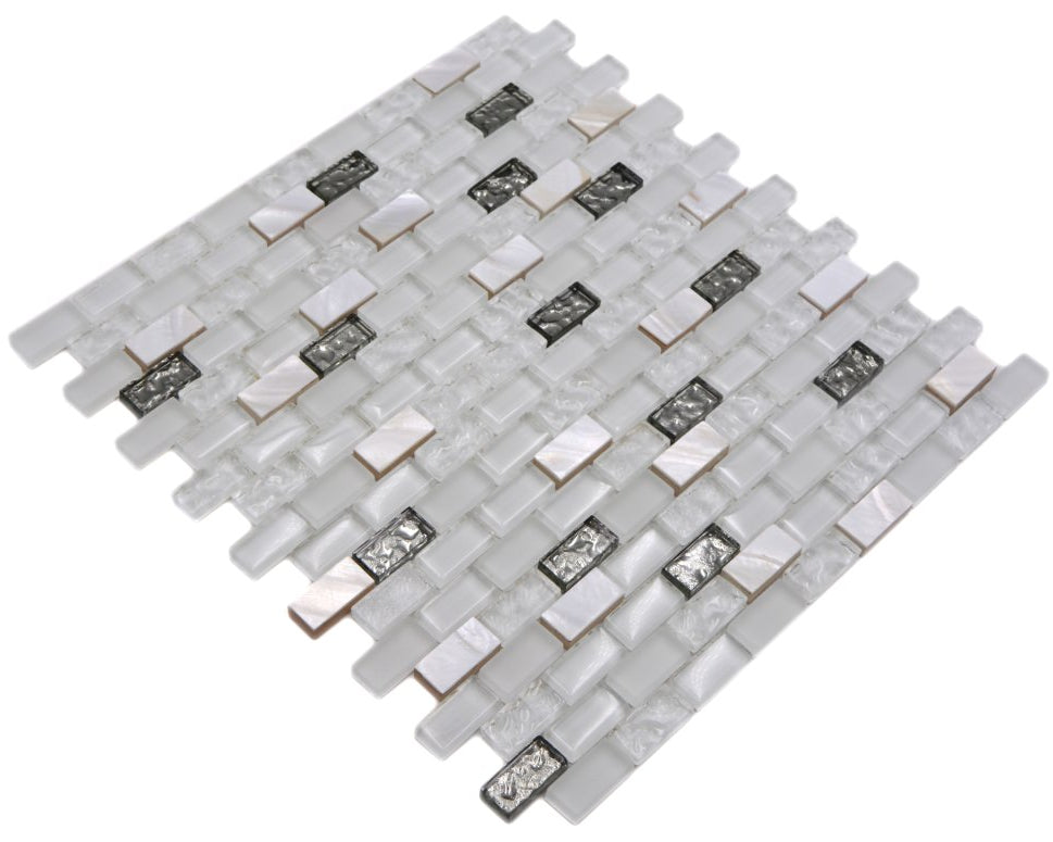 Mother of Pearl Mosaic Tile – White Glass & Natural Shell Brick Bond